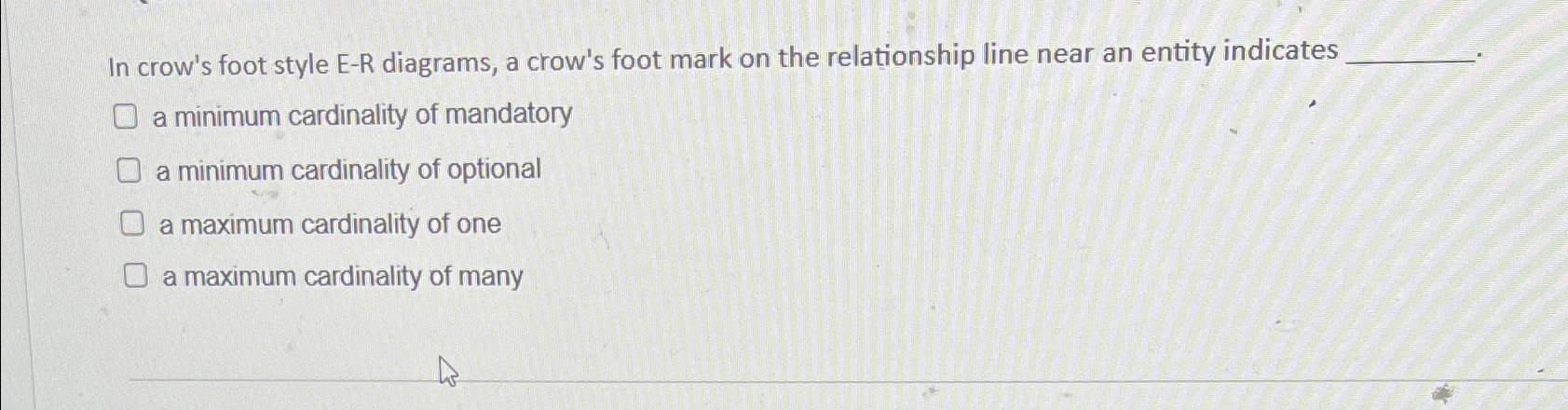 Solved In crow's foot style E-R diagrams, a crow's foot mark | Chegg.com