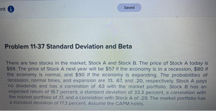 Solved Problem 11-37 Standard Deviation and Beta There are | Chegg.com
