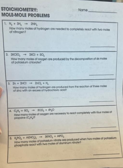 Solved Name STOICHIOMETRY: MOLE-MOLE PROBLEMS 1. Ny + 3H | Chegg.com