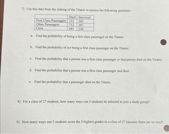 Solved 7) Use this data from the sinking of the Titanic to | Chegg.com