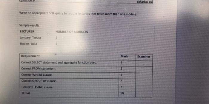 Solved (Marks: 10) Write an appropriate SQL query to list | Chegg.com