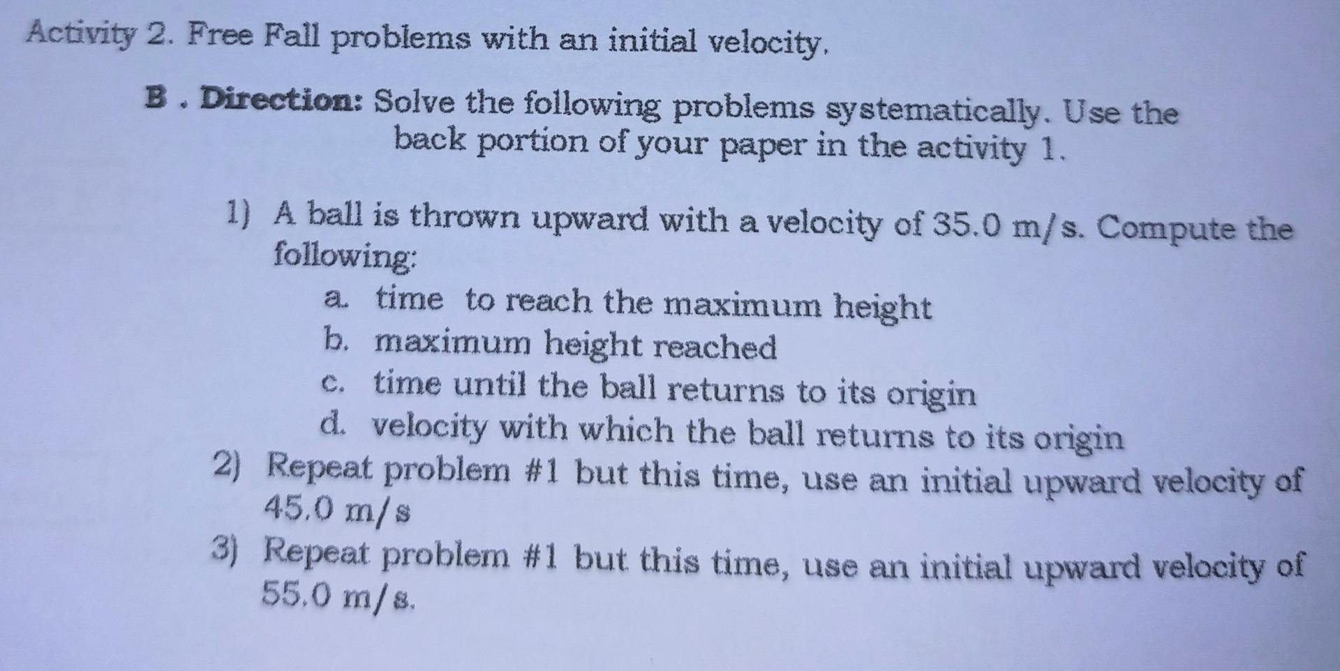 Solved Activity 2. Free Fall problems with an initial | Chegg.com