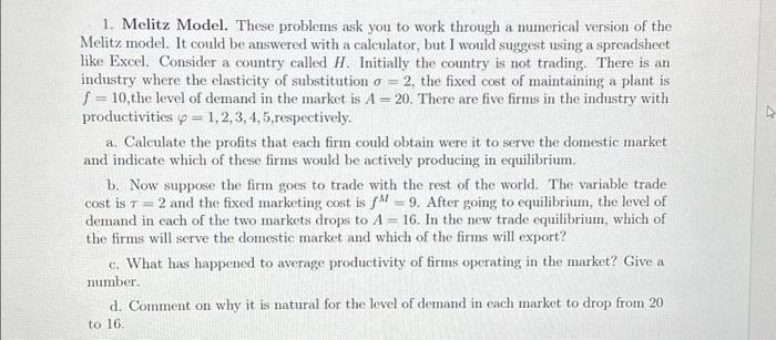 1. Melitz Model. These problems ask you to work | Chegg.com