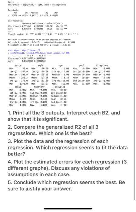 Call: ln( formula =log( price )−sqft, data = | Chegg.com