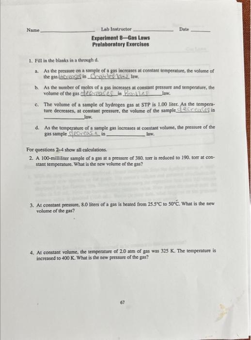 Solved Name Lab Instructor Date Experiment 8-Gas Laws | Chegg.com
