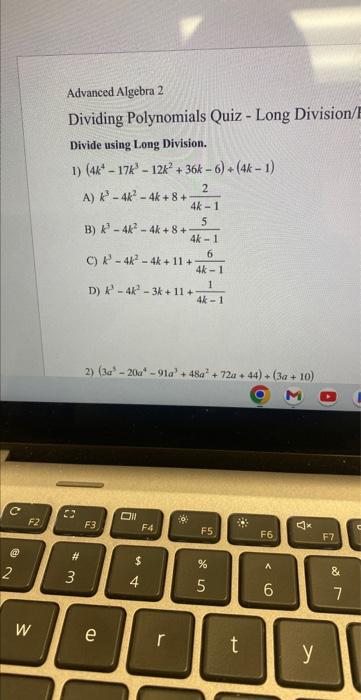 Solved Advanced Algebra 2 Dividing Polynomials Quiz - Long | Chegg.com