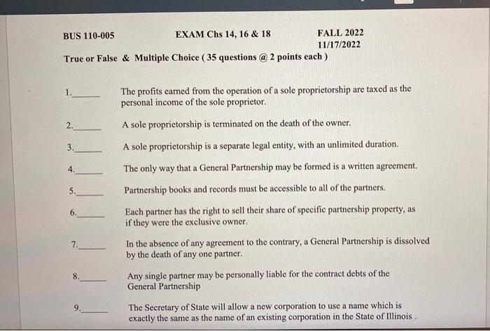 Solved True or False \& Multiple Choice ( 35 questions @ 2 | Chegg.com