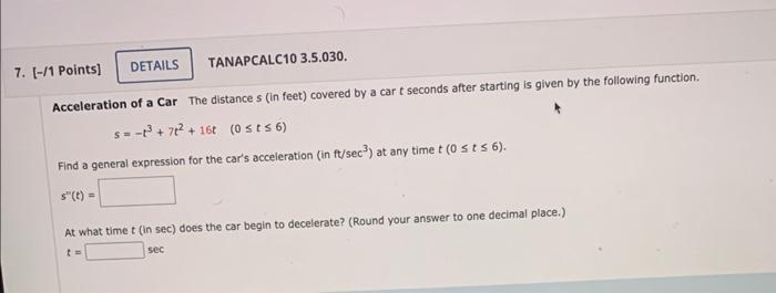 Solved Acceleration of a Car The distance s (in feet) | Chegg.com