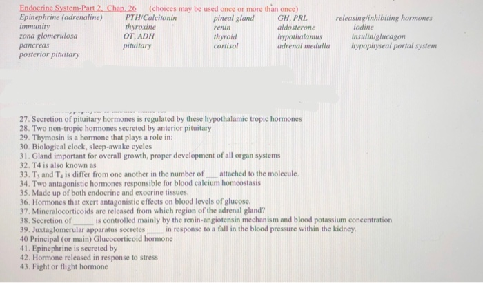 Solved Endocrine System-Part 2 Chap 26 (choices may be used | Chegg.com
