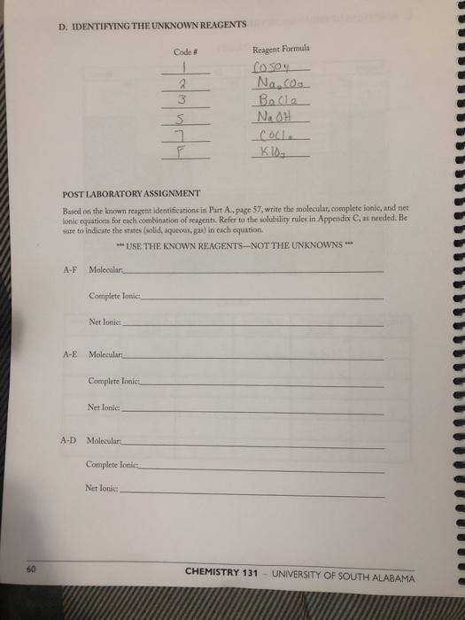 Solved D. IDENTIFYING THE UNKNOWN REAGENTS Code Reagent | Chegg.com