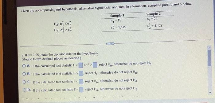 Solved a Given the accompanying null hypothesis, alternative | Chegg.com