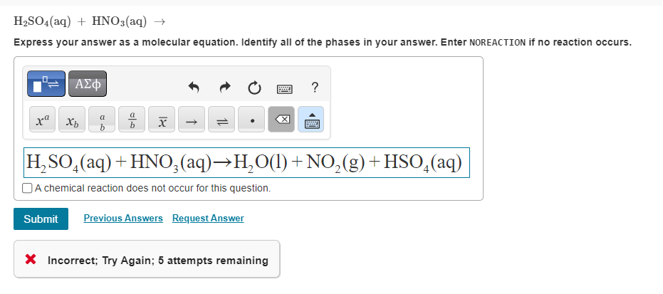 Solved H2SO4(aq)+HNO3(aq)→Express your answer as a molecular | Chegg.com