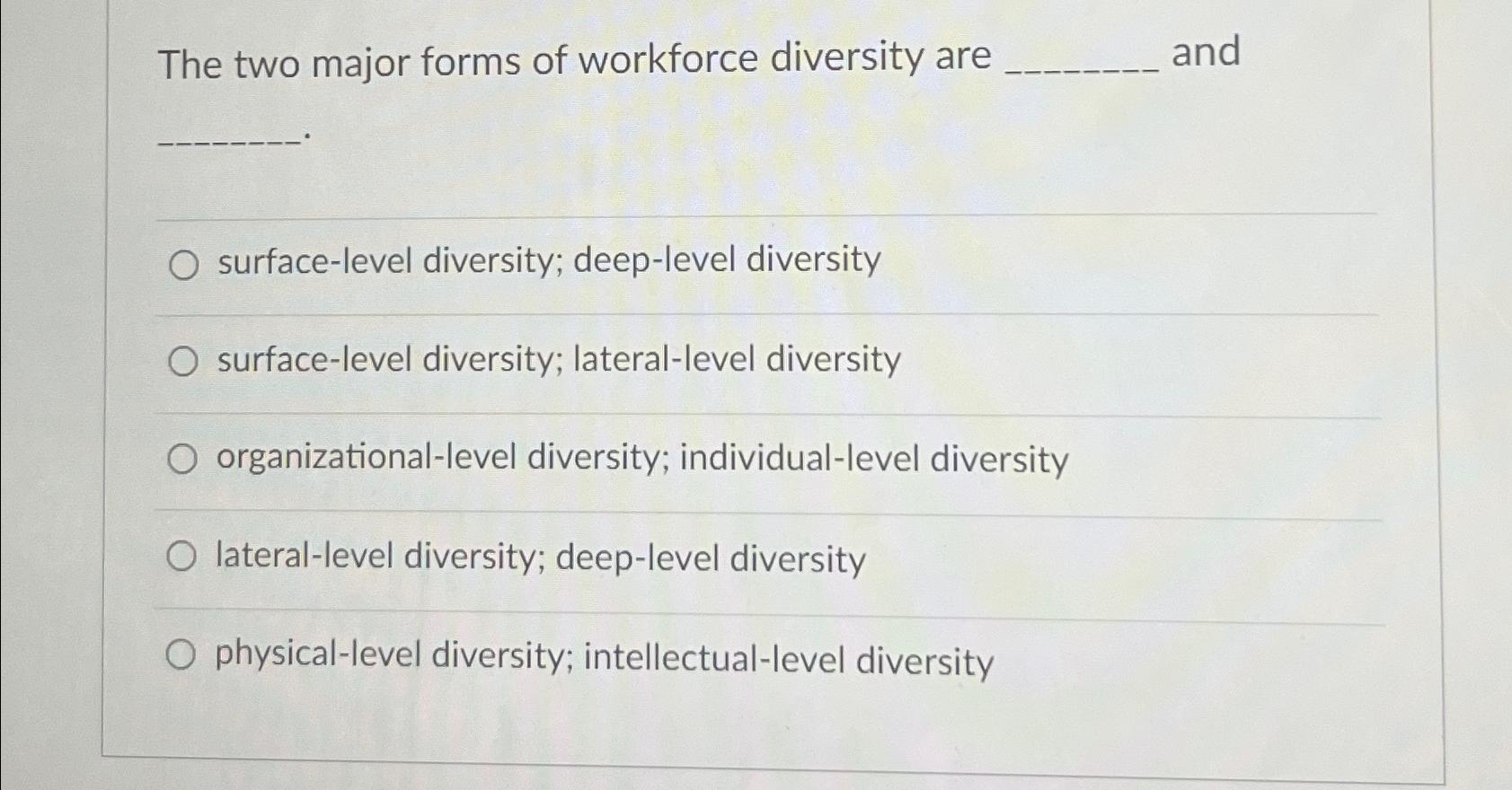 Solved The two major forms of workforce diversity are | Chegg.com