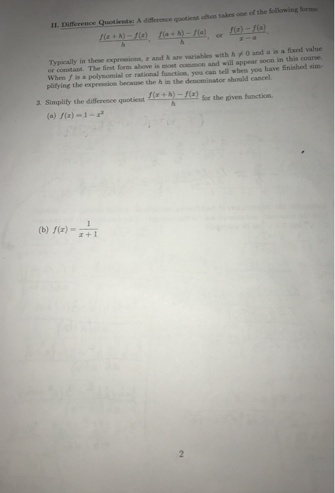 Solved 1I. Difference Quotients: A difference quotient often | Chegg.com