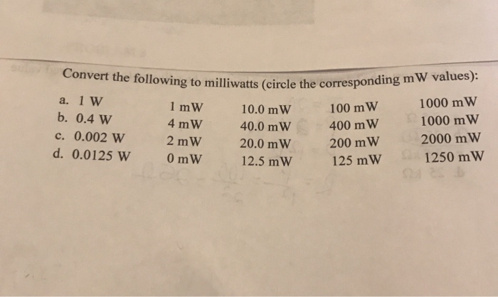 Solved Convert the following to milliwatts (circle the | Chegg.com