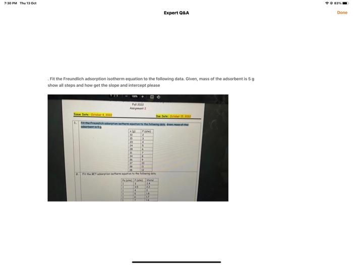Solved Fit the Freundlich adsorption isotherm equation to | Chegg.com