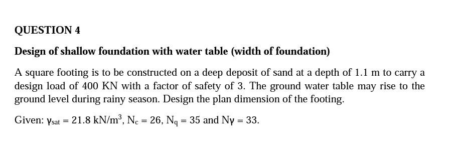 Solved Design of shallow foundation with water table (width | Chegg.com