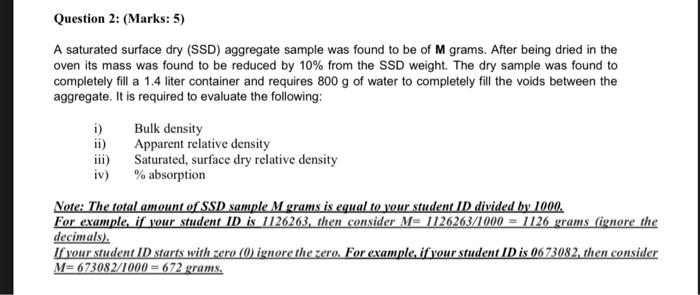 Solved Question 2: (Marks: 5) A saturated surface dry (SSD) | Chegg.com