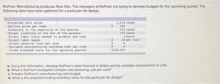 Solved NuFloor Manufacturing produces floor tiles. The | Chegg.com