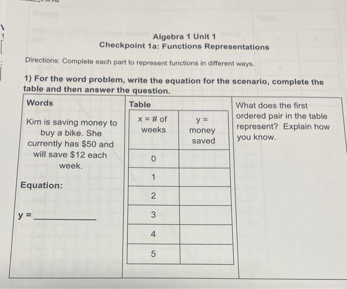 Solved V Algebra 1 Unit 1 Checkpoint 1a: Functions | Chegg.com