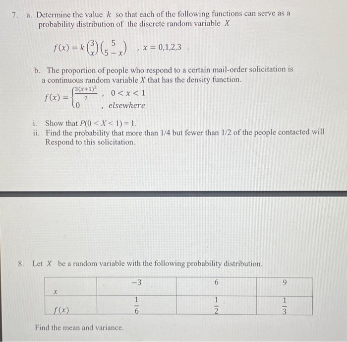 Solved 7. a. Determine the value k so that each of the | Chegg.com