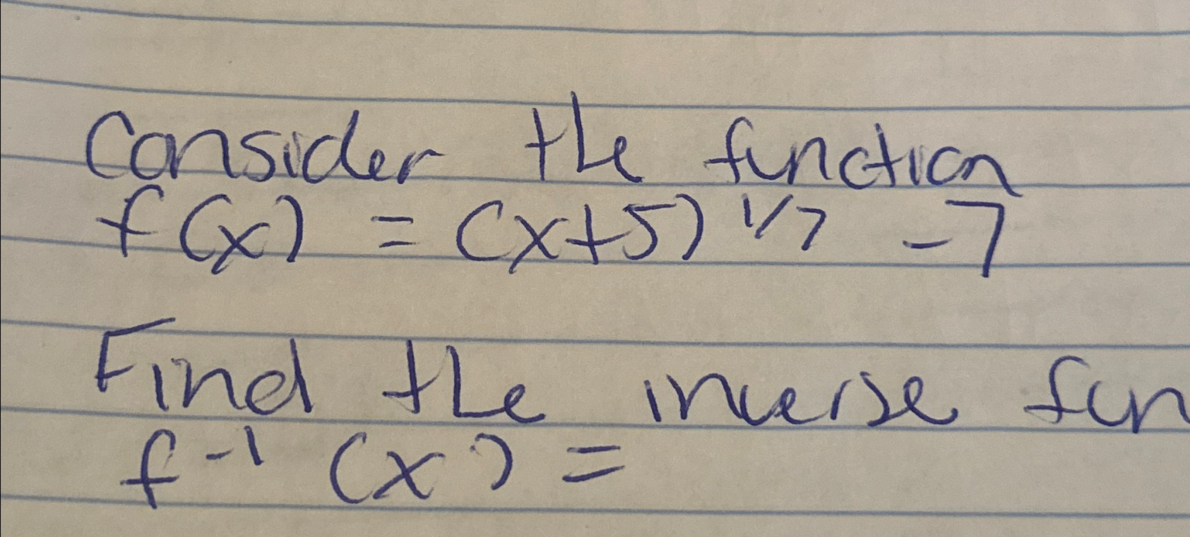 Solved Consider the functionf(x)=(x+5)17-7Find the inverse | Chegg.com