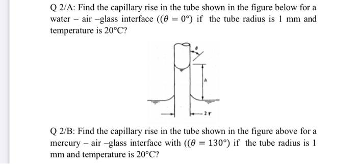Solved Q 2/A: Find the capillary rise in the tube shown in | Chegg.com