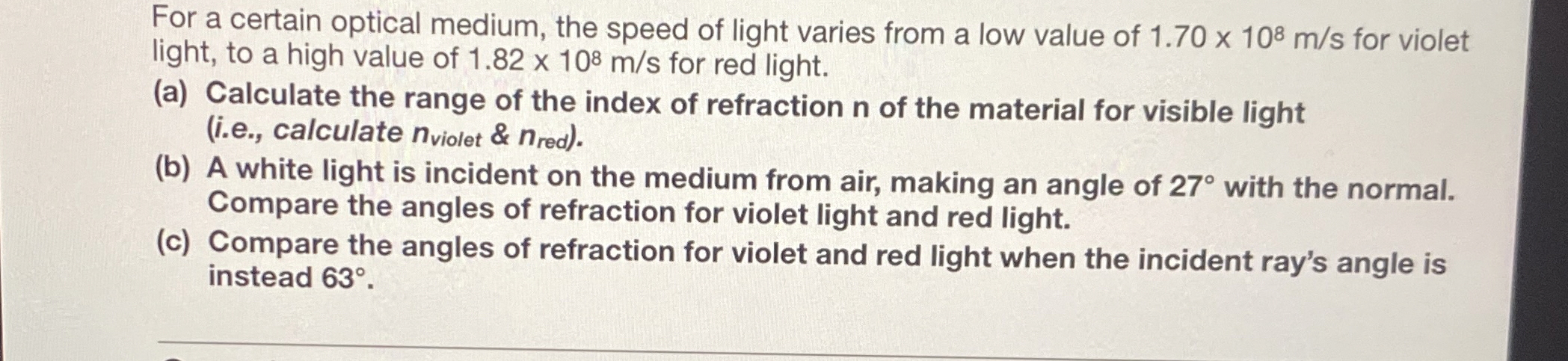 Solved For a certain optical medium, the speed of light | Chegg.com