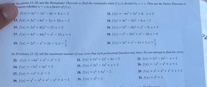 In Problems 11-20, use the Remainder Theorem to find | Chegg.com