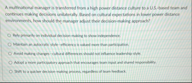 Solved A multinational manager is transferred from a high | Chegg.com