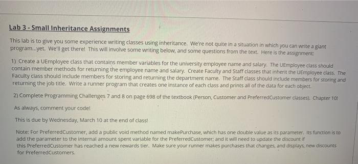 Solved Lab 3 - Small Inheritance Assignments This lab is to | Chegg.com