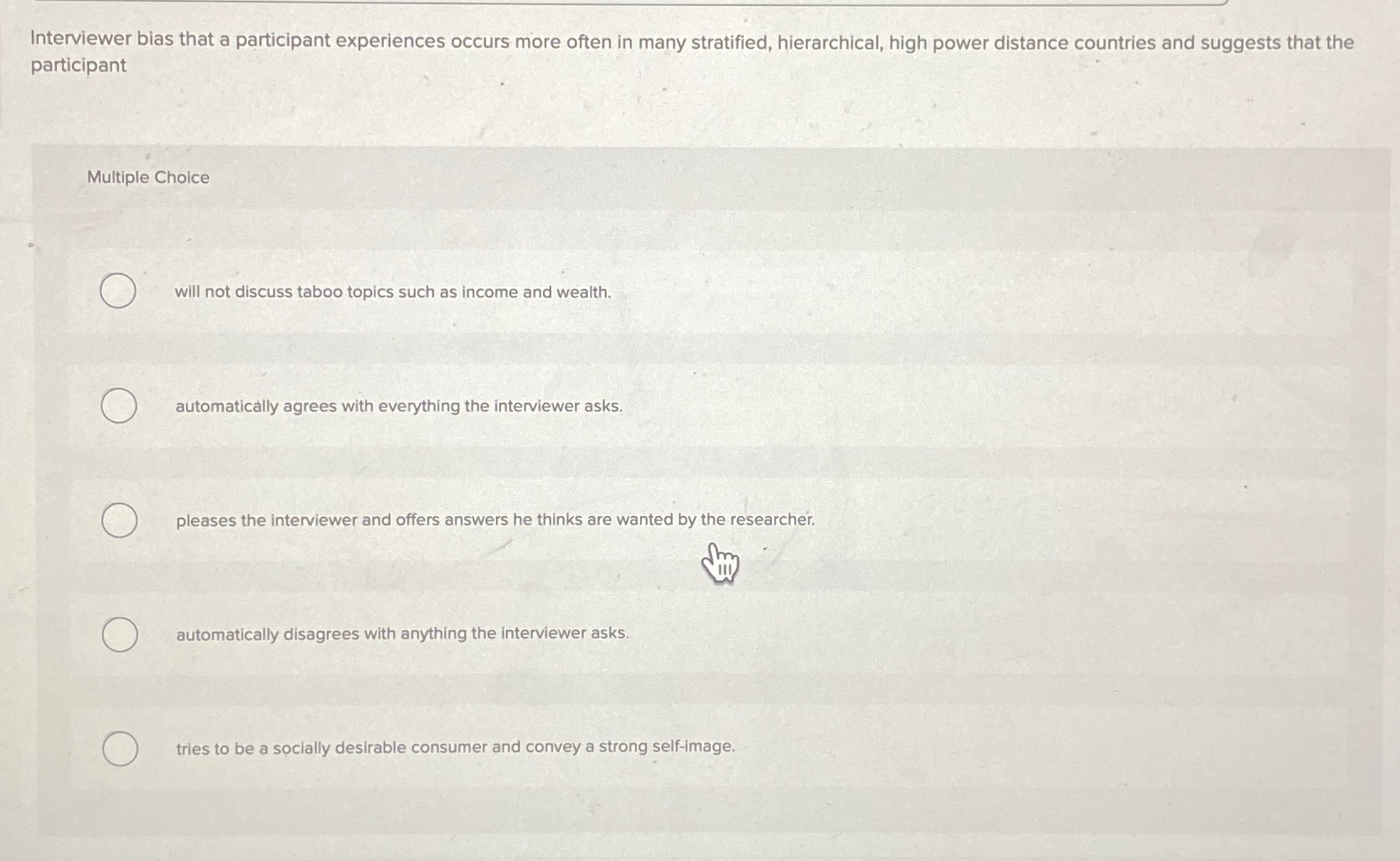 Solved Interviewer bias that a participant experiences | Chegg.com