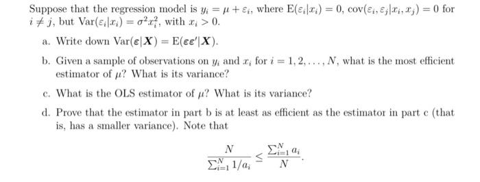 Solved Suppose that the regression model is yi=μ+εi, where | Chegg.com