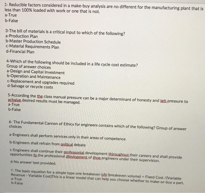 Solved 2- Reducible factors considered in a make-buy | Chegg.com
