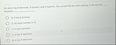 Solved An atom has 6 ﻿electrons, 6 ﻿protons, and 6 | Chegg.com
