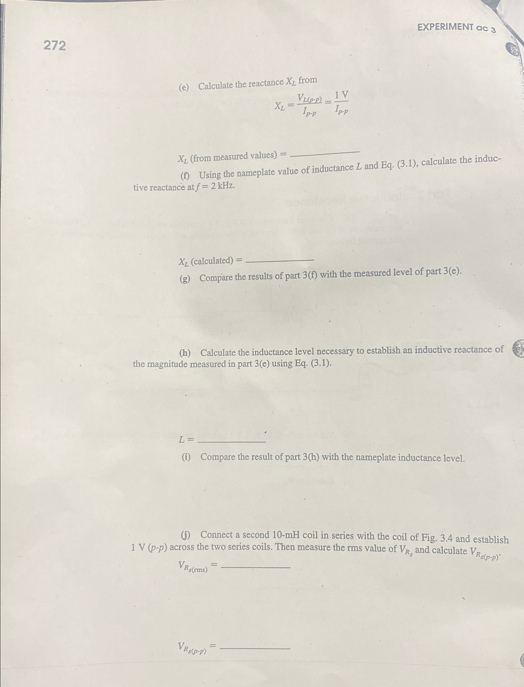 EXPERIMENT ac 3272(e) ﻿Calculate the reactance xL | Chegg.com