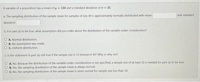 Solved A variable of a population has a mean of μ=150 and a | Chegg.com