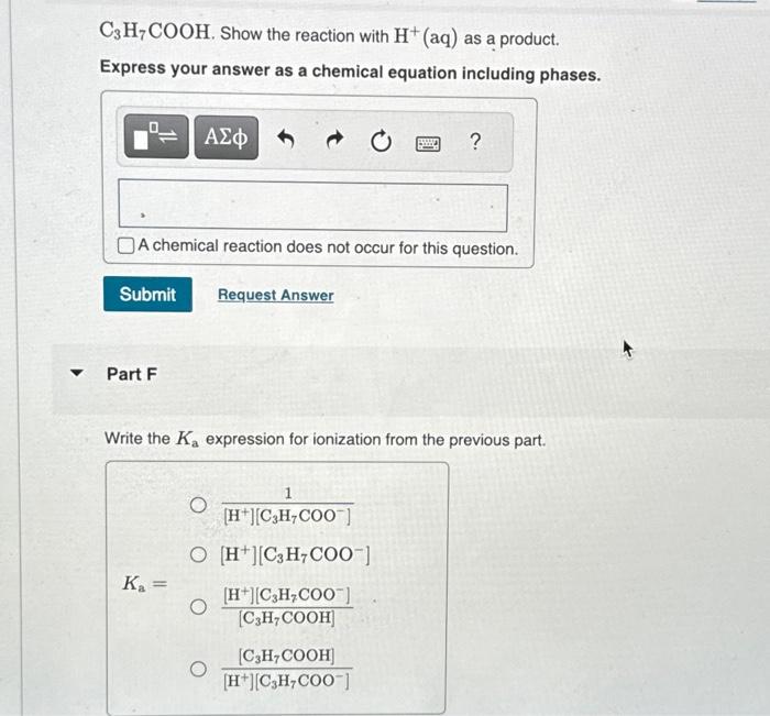 C3H7COOH. Show the reaction with H+(aq) as a product. | Chegg.com