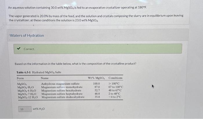 Solved An aqueous solution containing 30.0wt%MgSO4 is fed to | Chegg.com