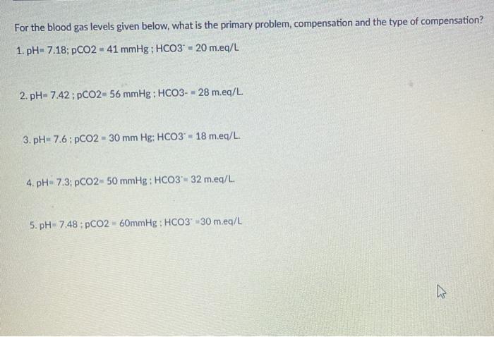 Solved For the blood gas levels given below, what is the | Chegg.com