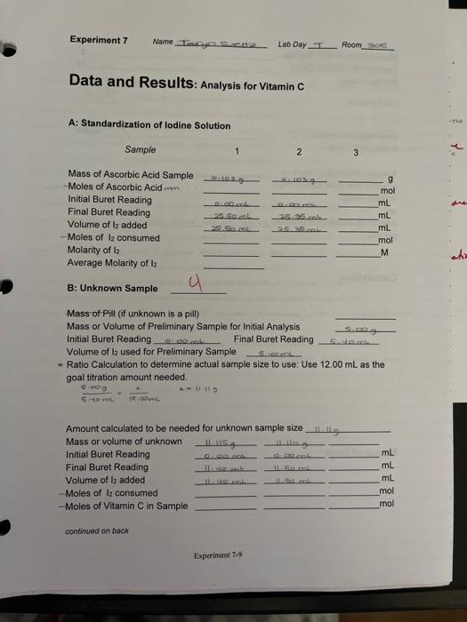 Solved Experiment 7 Name Lab Day Room Data and Results: | Chegg.com