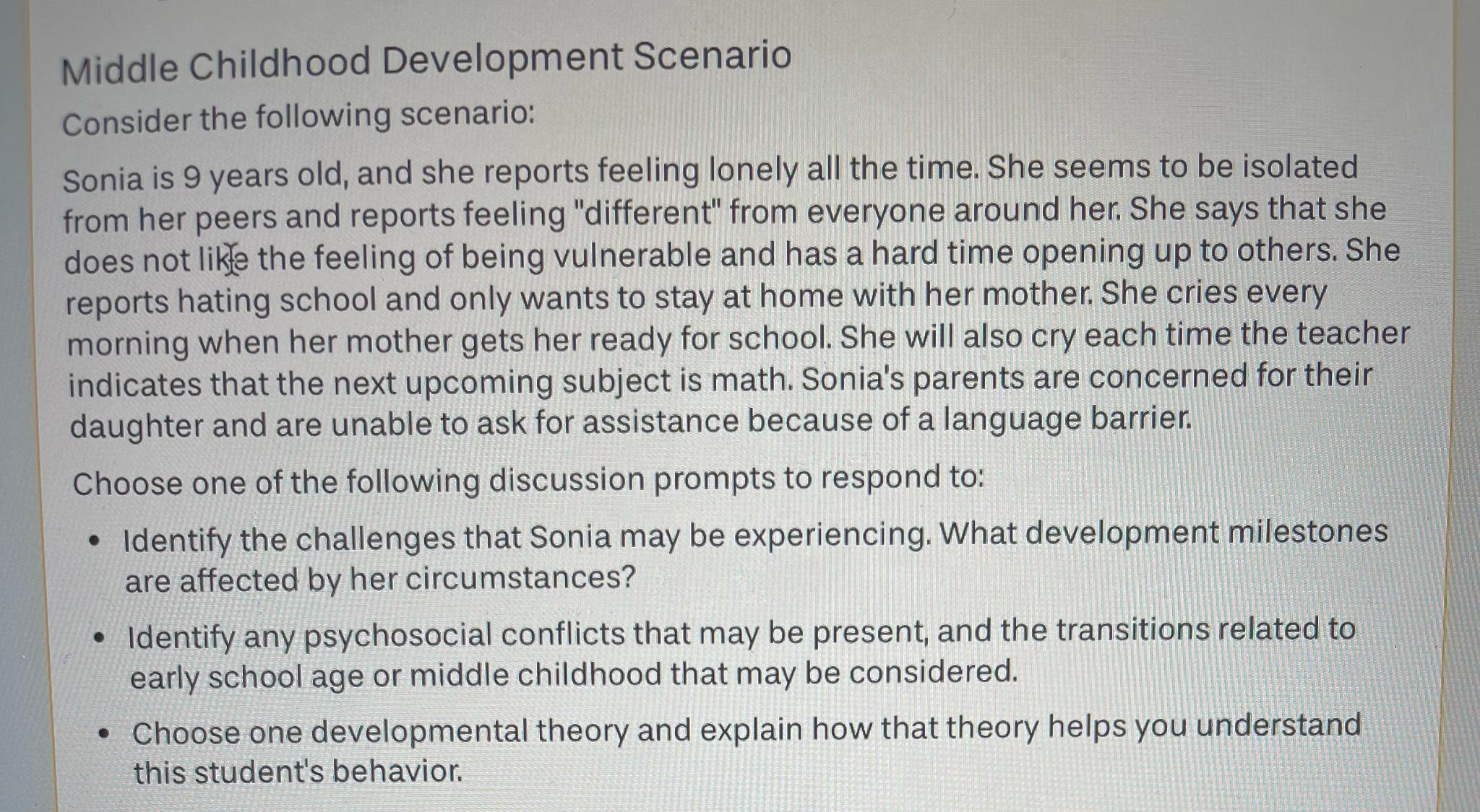 Solved Middle Childhood Development ScenarioConsider the | Chegg.com