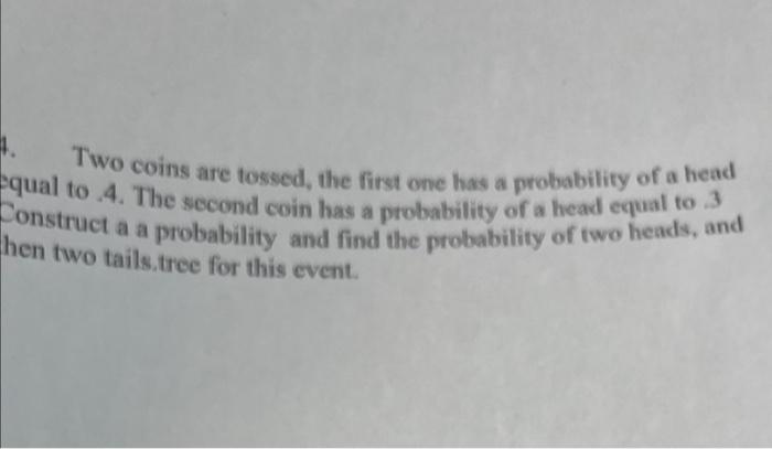 Solved Two coins are tossed, the first one has a probability | Chegg.com
