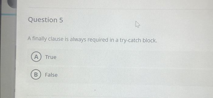 Solved A finally clause is always required in a try-catch | Chegg.com