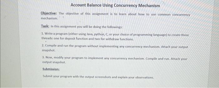 Solved Account Balance Using Concurrency Mechanism | Chegg.com