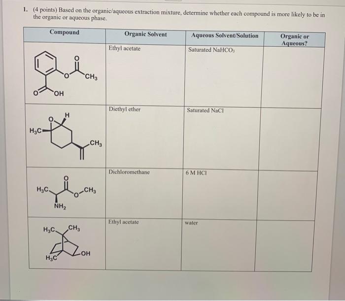 Solved (4 points) Based on the organiclaqueous extraction | Chegg.com