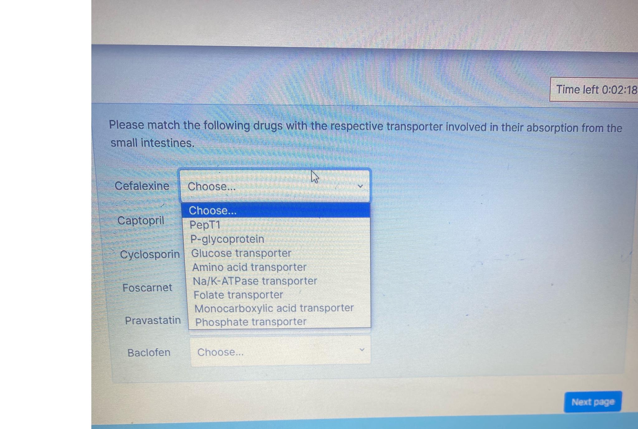 Solved Time left 0:02:18Please match the following drugs | Chegg.com