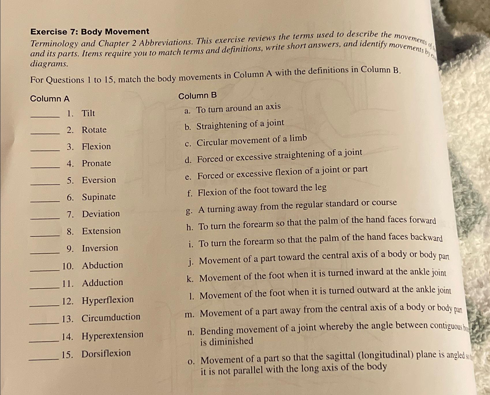 Solved Exercise 7: Body MovementTerminology and Chapter 2 | Chegg.com