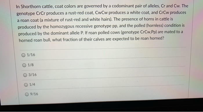 Solved In Shorthorn cattle, coat colors are governed by a | Chegg.com