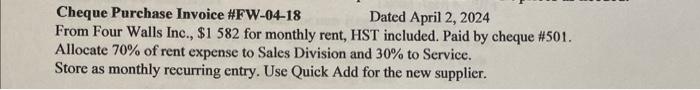 Solved Cheque Purchase Invoice \#FW-04-18 Dated April 2, | Chegg.com